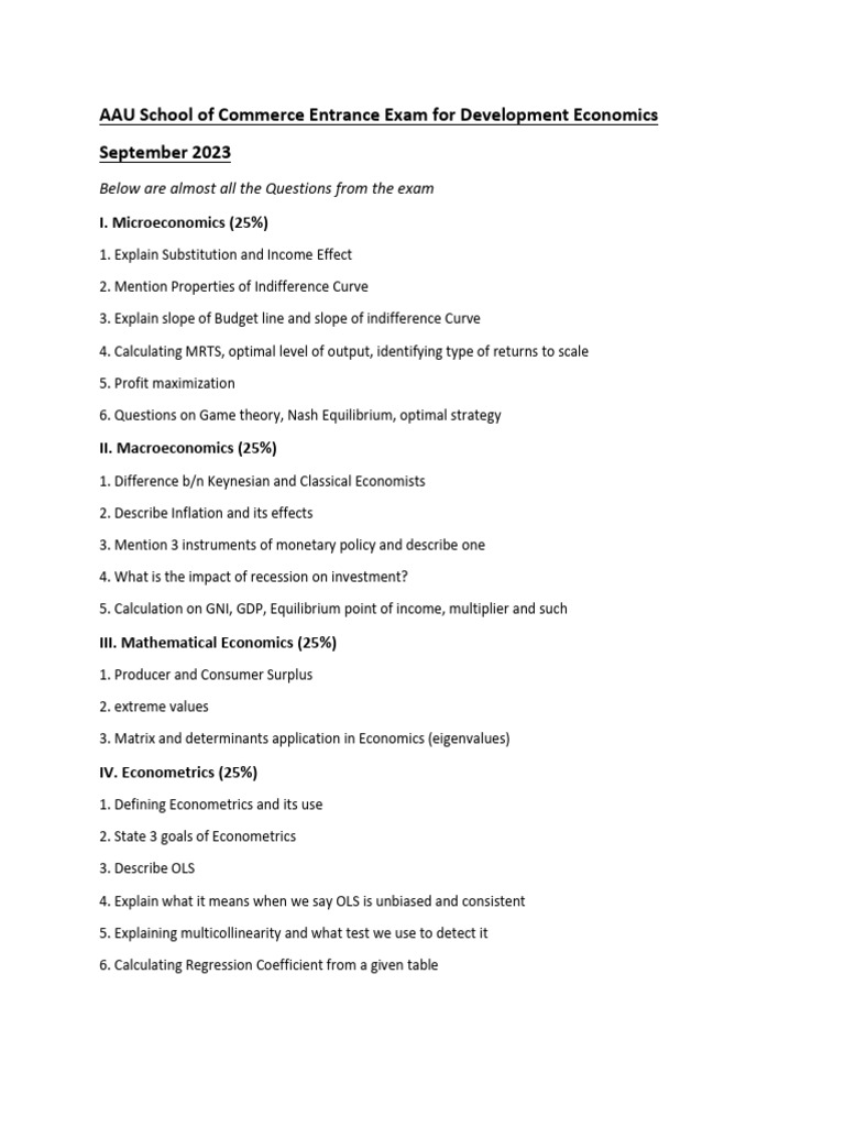 2023 AAU Commerce Entrance Exam - MSC Development Economics | PDF