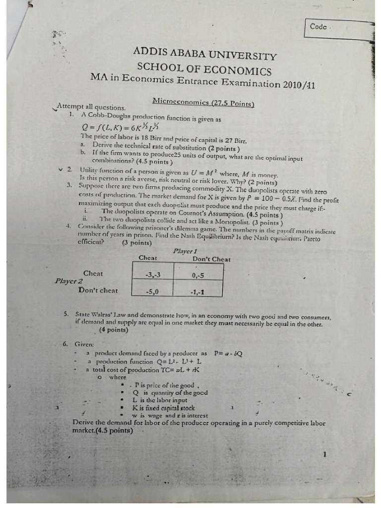 2010 AAU Entrance Exam - MSC in Economics | PDF