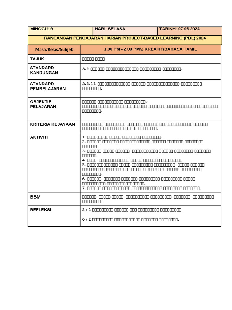 RPH Bahasa Tamil (PBL 2024) | PDF