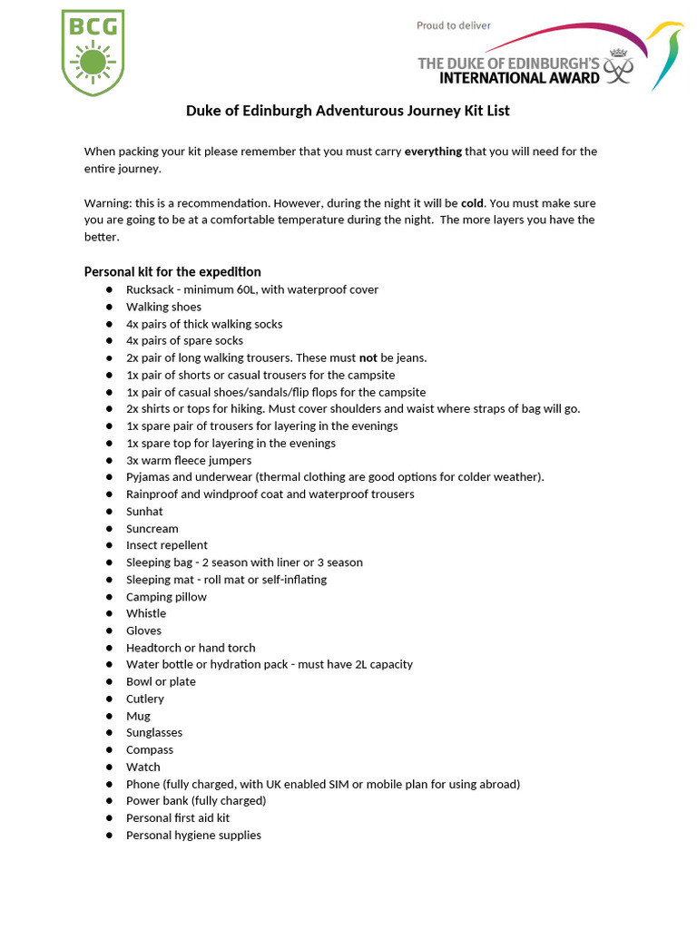 Duke of Edinburgh Kit Essentials | PDF | Clothing | Home & Garden
