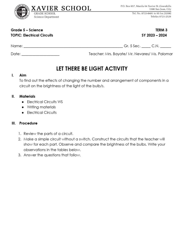 Electrical Circuits - Let There Be Light Ws 2 | PDF