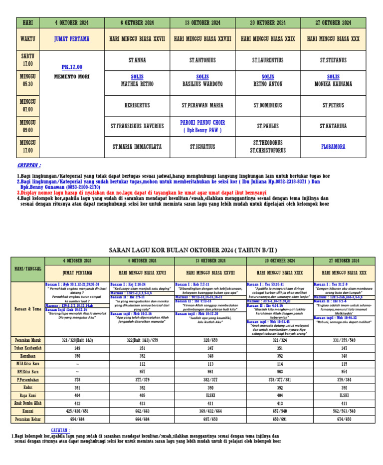 Jadwal Tugas Kor Bulan Oktober 2024 | PDF