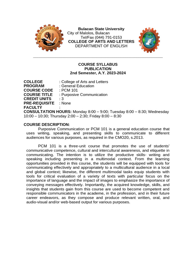 PCM Syllabus 2nd Semester AY 2023 2024 | PDF | Reading Comprehension | Career & Growth