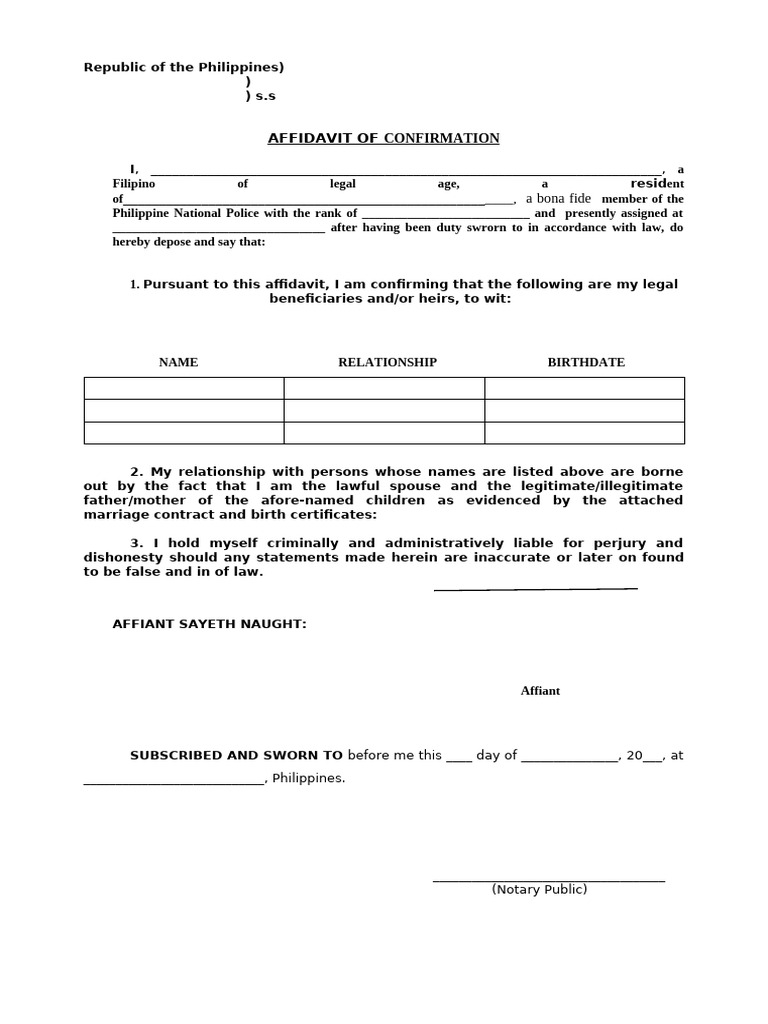 Affidavit of Confirmation Beneficiaries - Docx Version | PDF