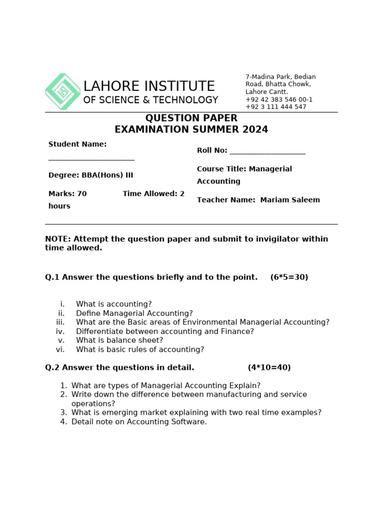 Sample Question Paper of Summer - 2024 | PDF | Career & Growth