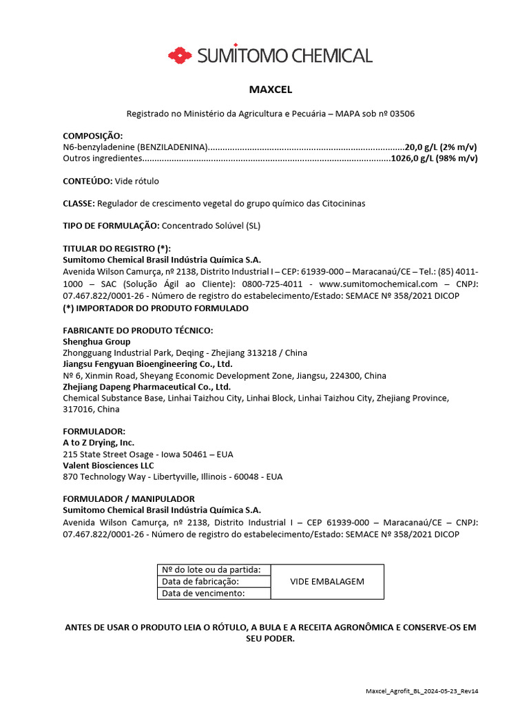 Regulatorio de Crescimento Maxcel Bula | PDF | Embalagem e rotulagem ...