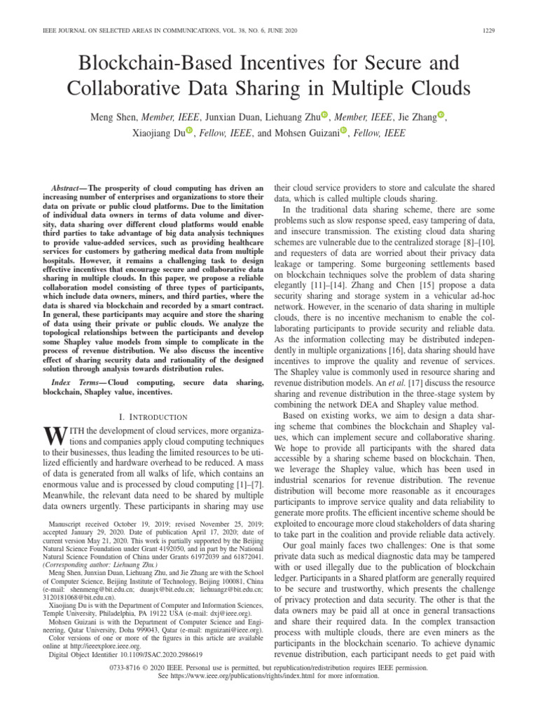 Blockchain-Based Incentives For Secure and Collaborative Data Sharing in Multiple Clouds | PDF