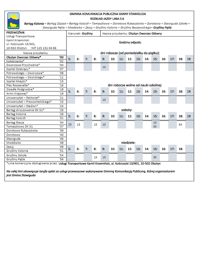 Linia S6 Olsztyn-Gryźliny - 29082022 | PDF