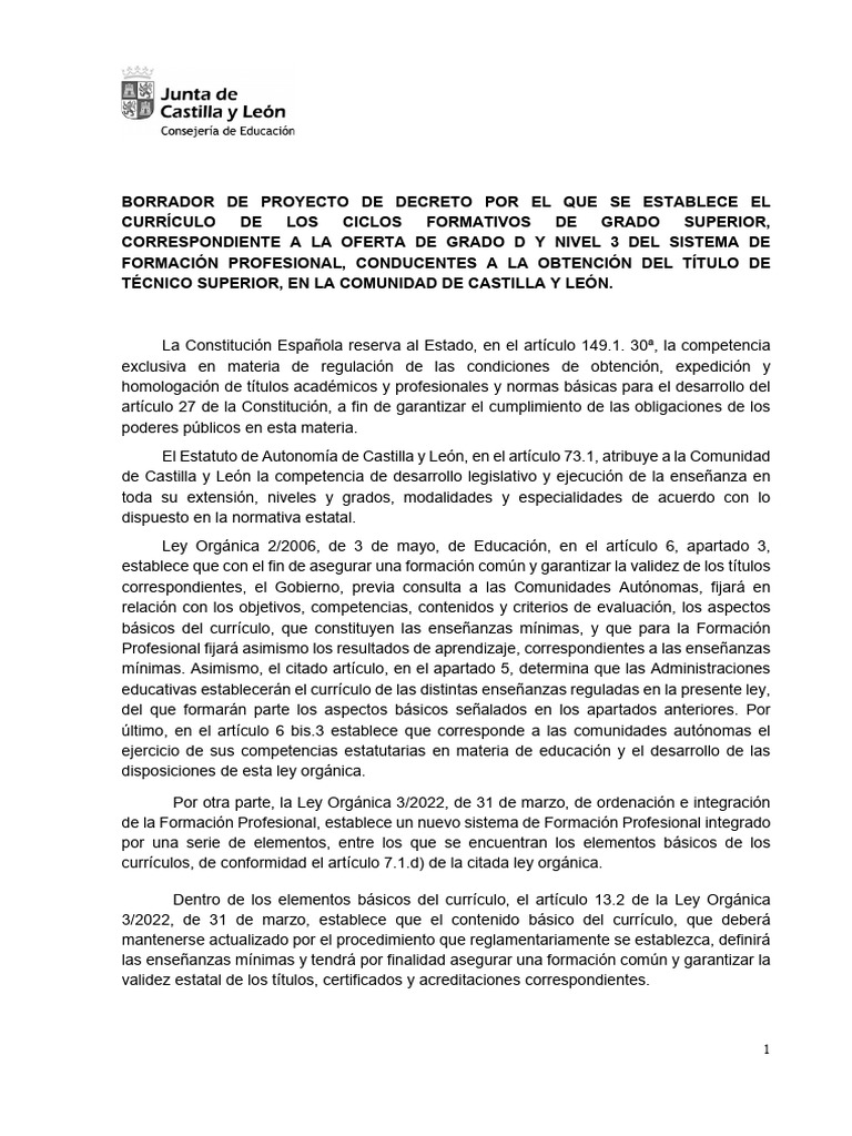 Borrador Proyecto Decreto Currículo Grado Superior | PDF