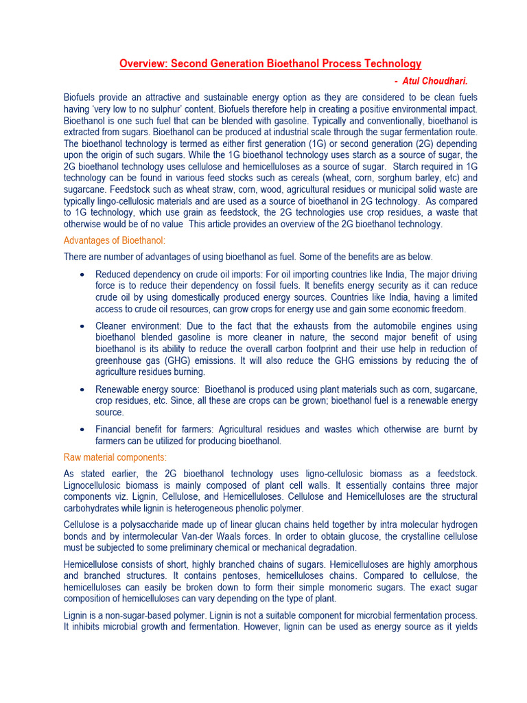 Overview-Second Generation Bioethanol Process Technology | PDF