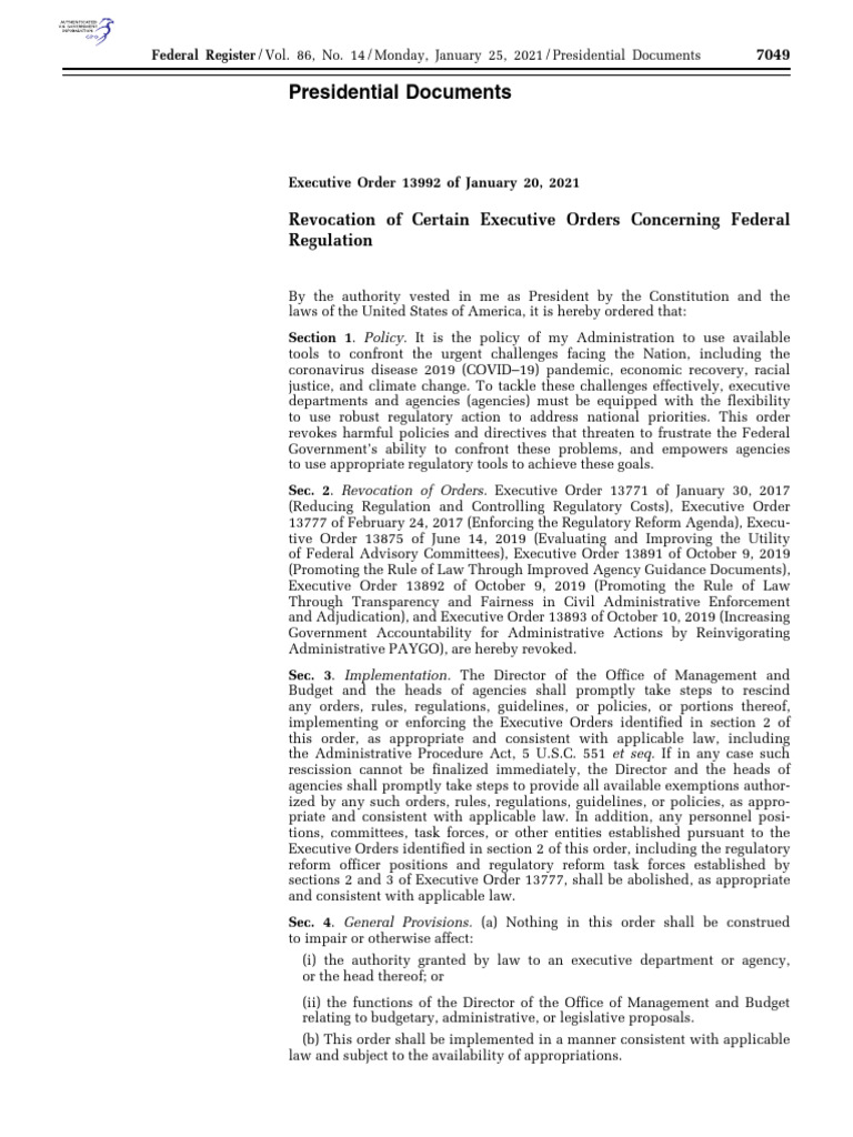 Presidential Documents: Revocation of Certain Executive Orders ...