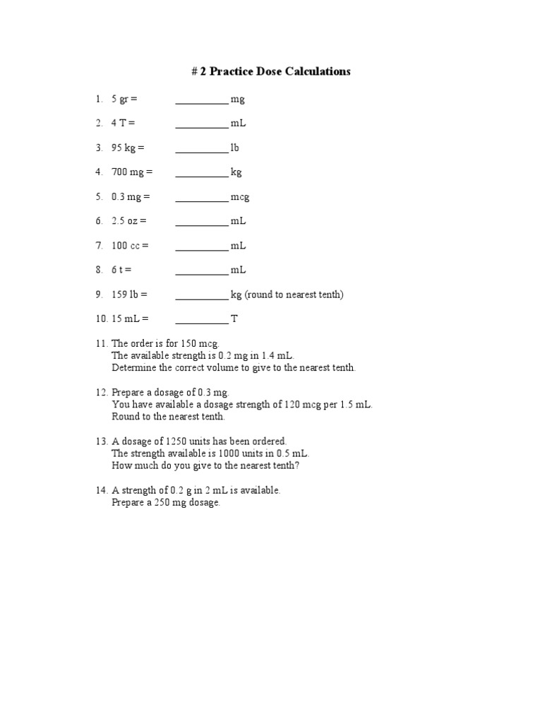Dosage Calculation Practice Worksheet | PDF