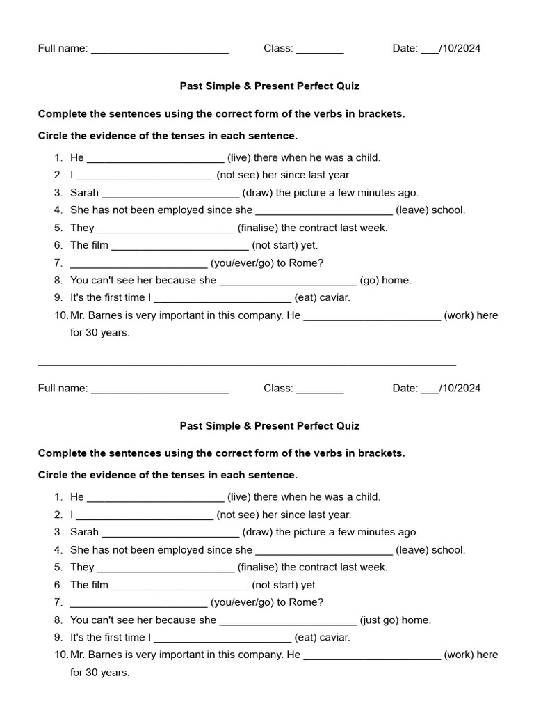 G6 - Past Simple & Present Perfect Quiz | PDF