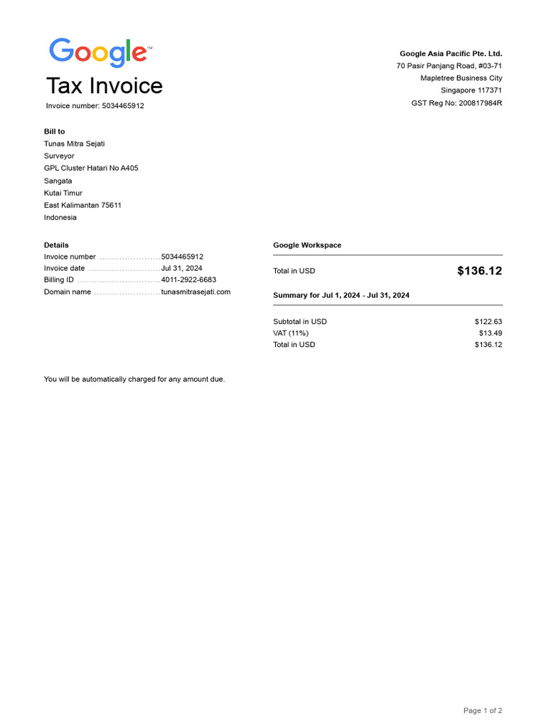 Tax Invoice: Google Asia Pacific Pte. LTD | PDF