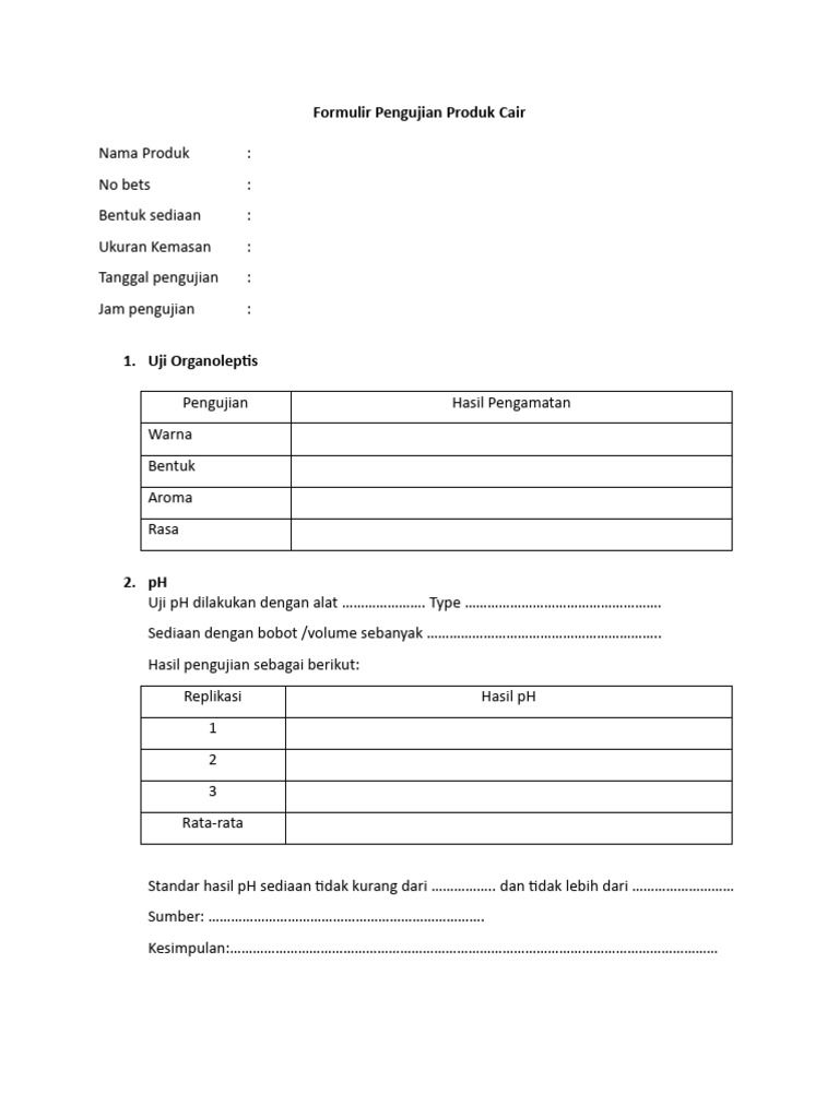 Formulir Pengujian Produk Cair | PDF
