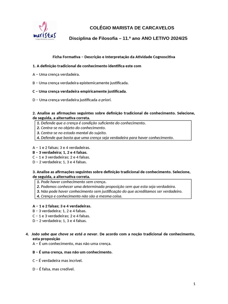 Ficha Formativa Conhecimento - Gettier | PDF