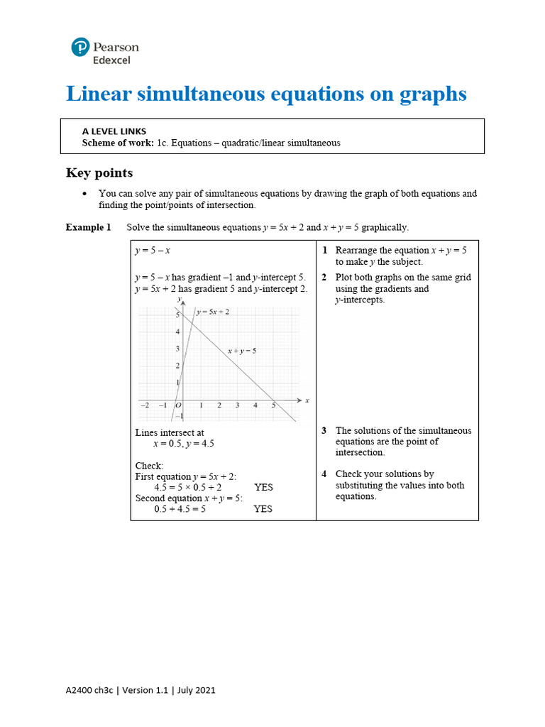 Example 4 Chapter 3 Linear Simultaneous Equations On Graphs | PDF