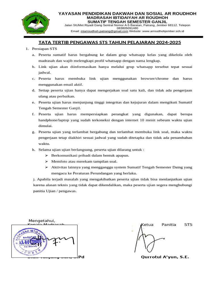 Tata Tertib Pengawas STS Ta 2024 2025 | PDF