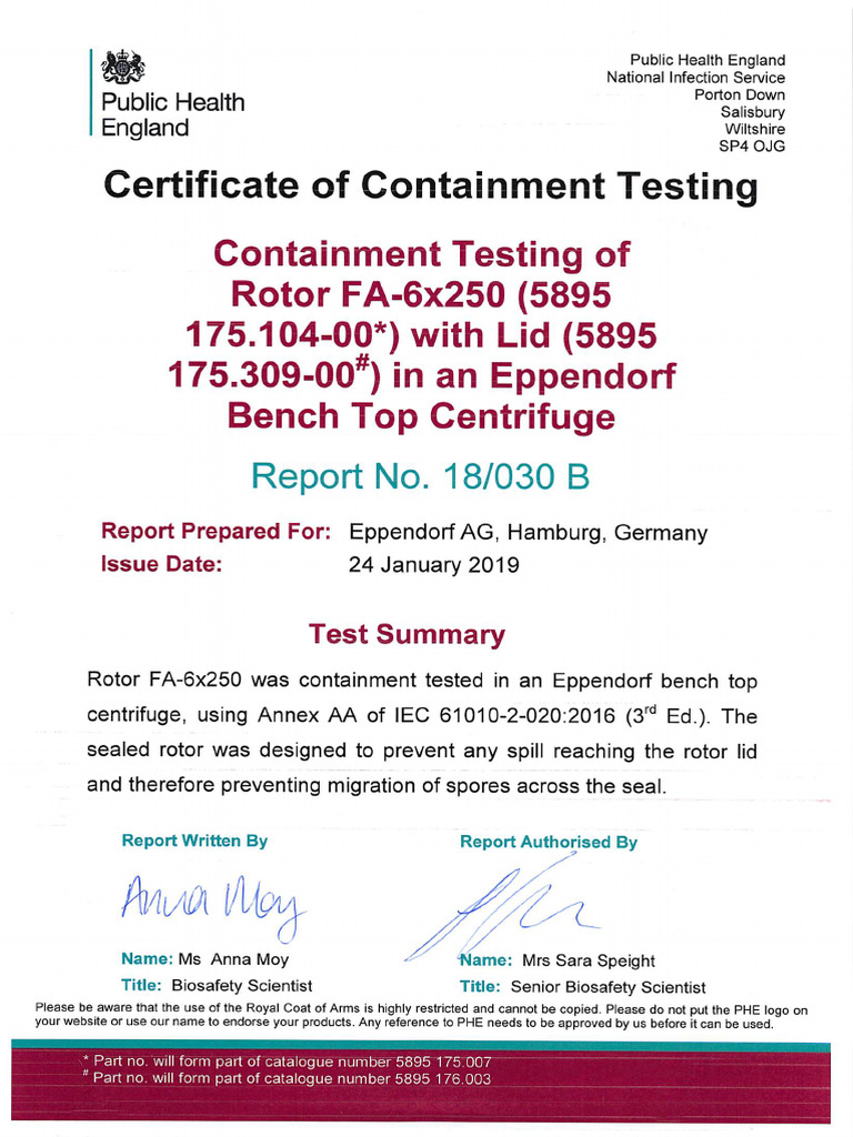 Centrifugation_Certificate-Containment-Testing_Rotor-FA-6x250 ...