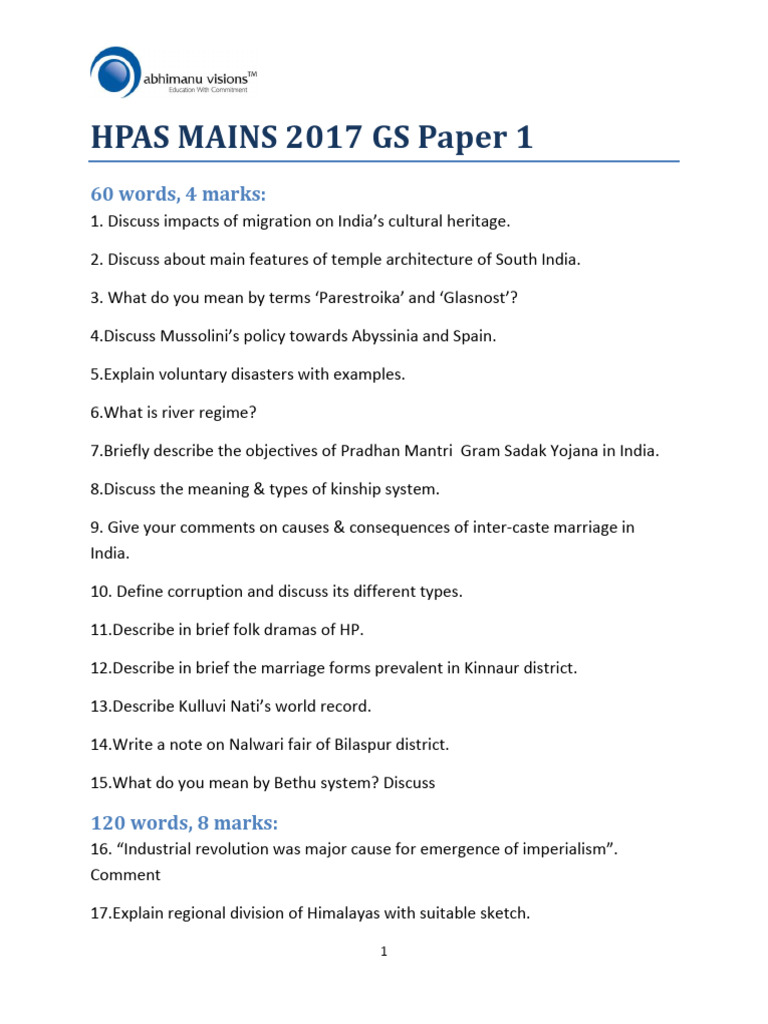 HAS Mains 2018 GS Ques Papers | PDF