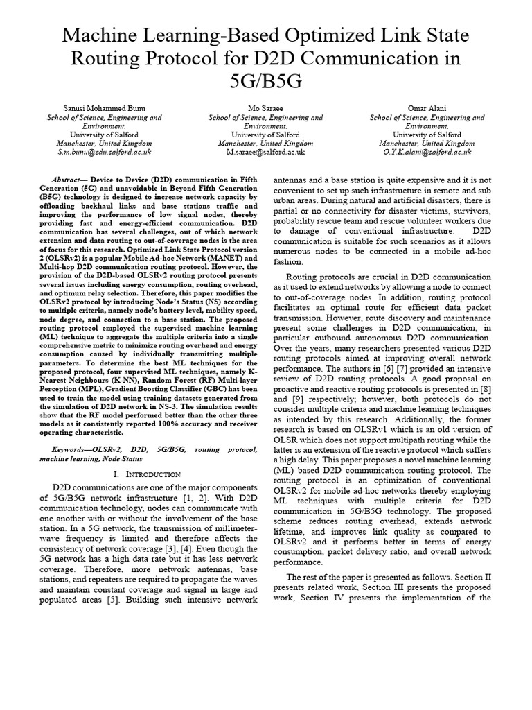 Machine Learning-Based Optimized Link State Routing Protocol For D2D Communication in 5GB5G | PDF