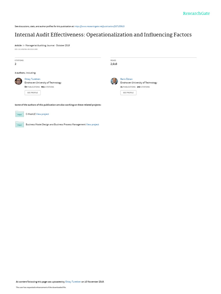Internal Audit Effectiveness Operationalization and Influencing Factors | PDF