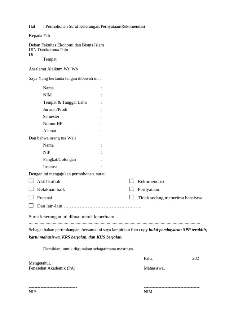 Formulir Permohonan Surat Keterangan, Rekomendasi, Dan Pernyataan | PDF