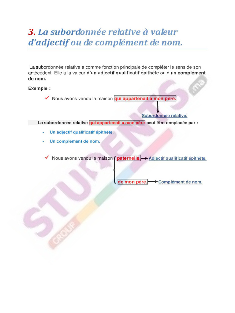 La Subordonnée Relative À Valeur D'adjectif Ou de Complément de Nom ...