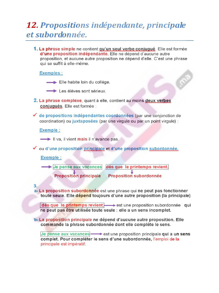 Propositions Indépendante Principale Et Subordonnée Français 3ème Année ...