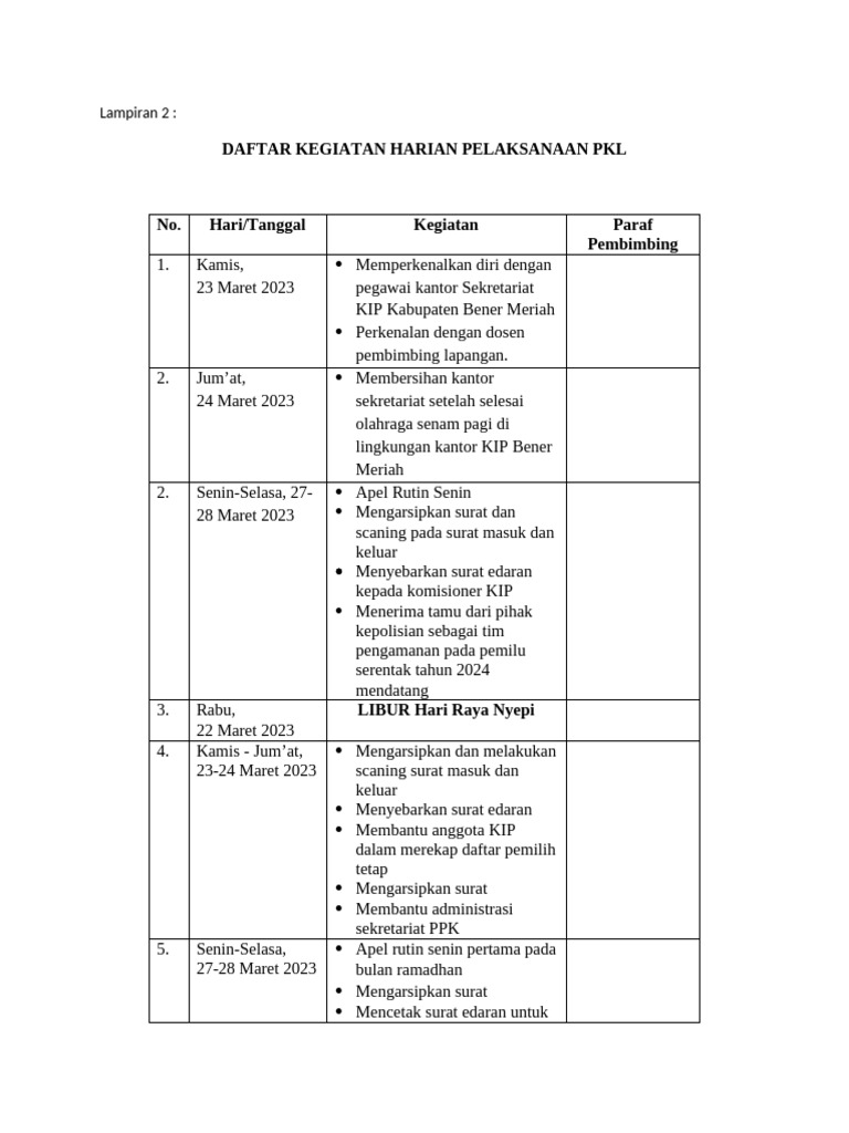 Daftar Kegiatan Harian PKL | PDF