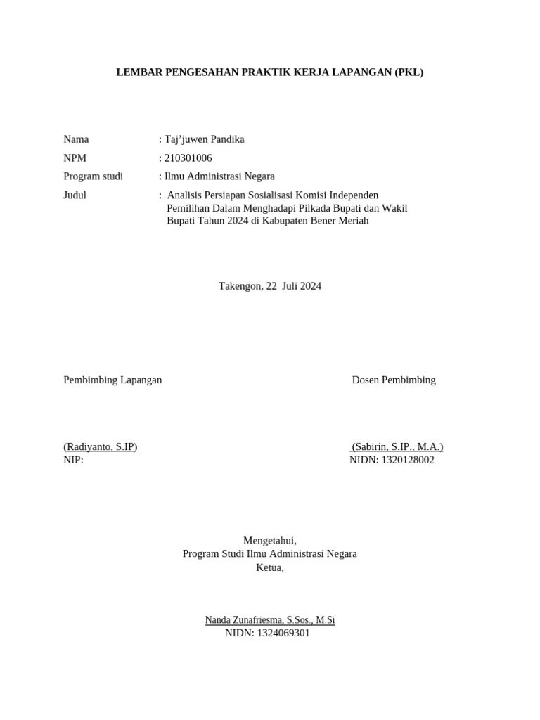 Lembar Pengesahan Praktik Kerja Lapangan | PDF