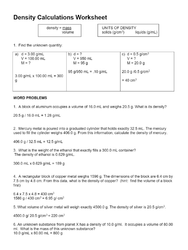 Ak Density Calculations Worksheet I Pdf 4948
