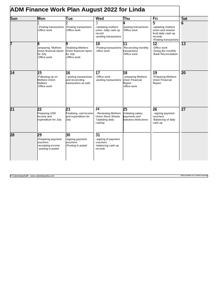 Adm Finance DPT August 2022 Workplan | PDF