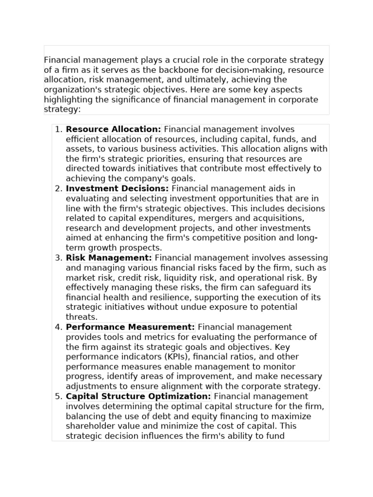Financial Management Plays A Crucial Role in The Corporate Strategy of A Firm As It Serves As ...