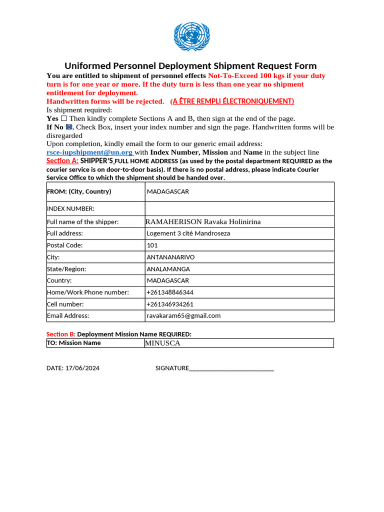 Deployment Shipment Form | PDF