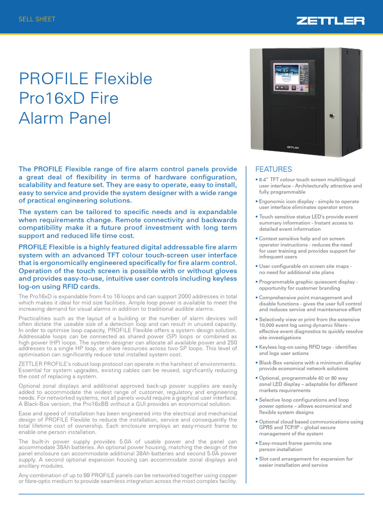 Zettler PROFILE Flexible Pro16xD Fire Alarm Panel Sell Sheet | PDF
