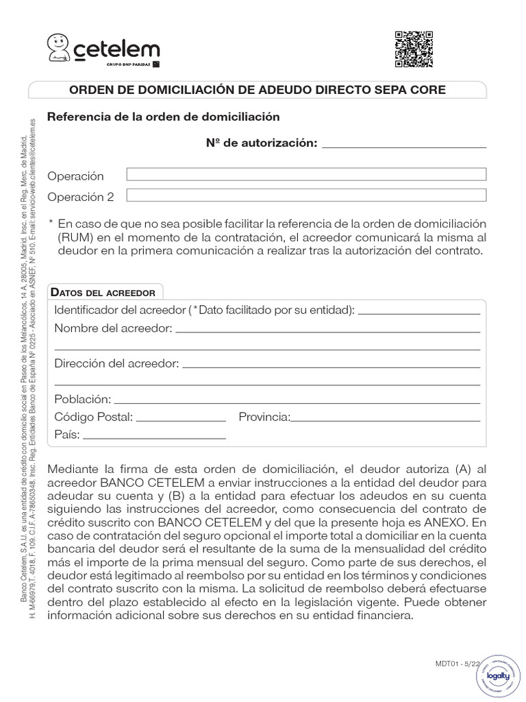 Orden Domiciliacion Adeudo Directo SEPA CORE-1 | PDF