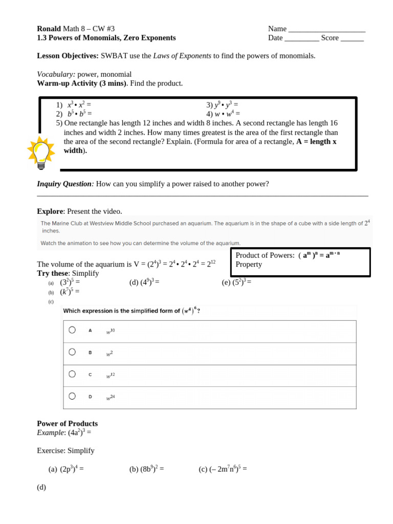 Math 8 CW # 3 1.3 Powers of Monomials | PDF