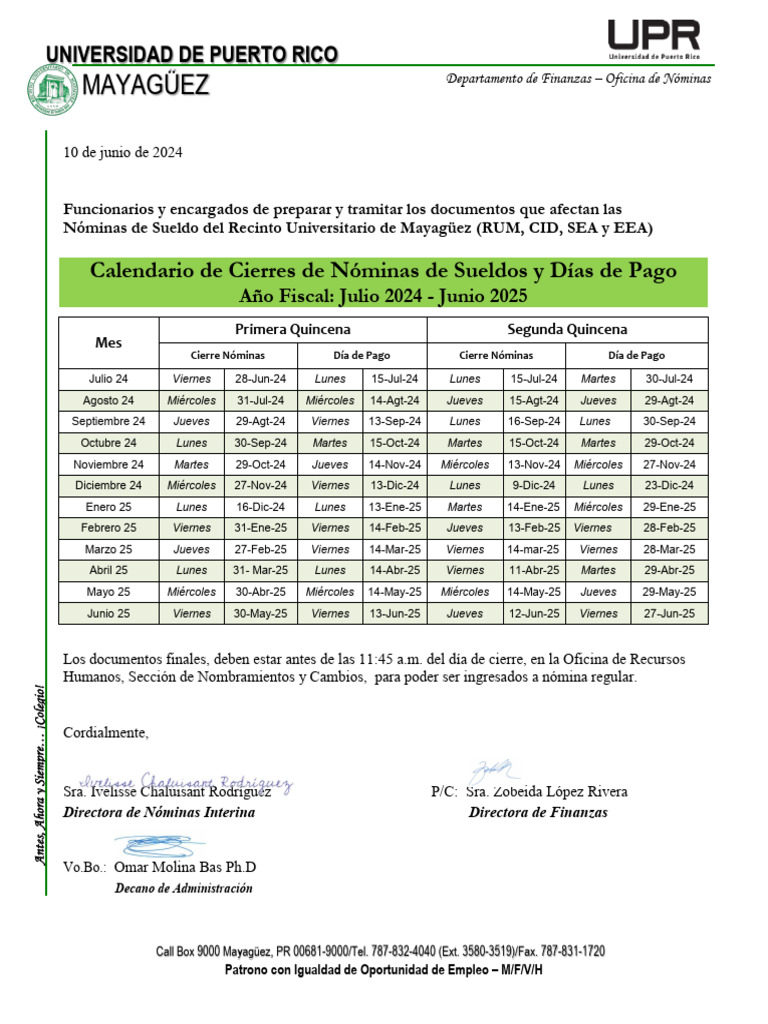 Calendario de Cierre de Nominas 2024-2025 Signed | PDF