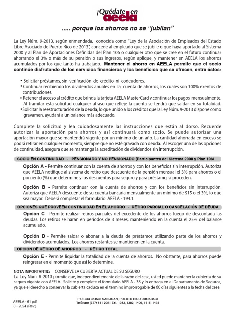AEELA - 61 (3-2024 Rev.) Solicitud para Continuidad o Retiro de Ahorros ...