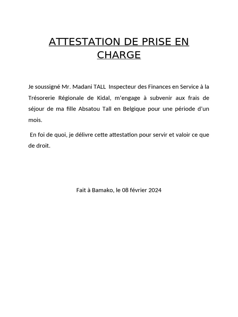 Attestation de Prise en Charge | PDF