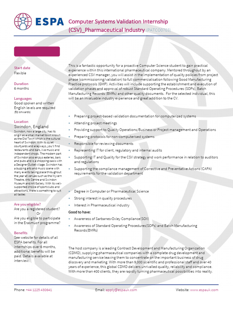 Computer Systems Validation Internship (CSV) - Pharmaceutical Industry ...