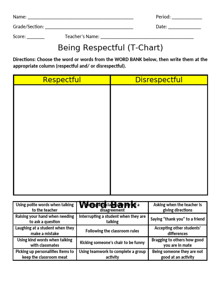 Being Respectful (T-Chart) | PDF