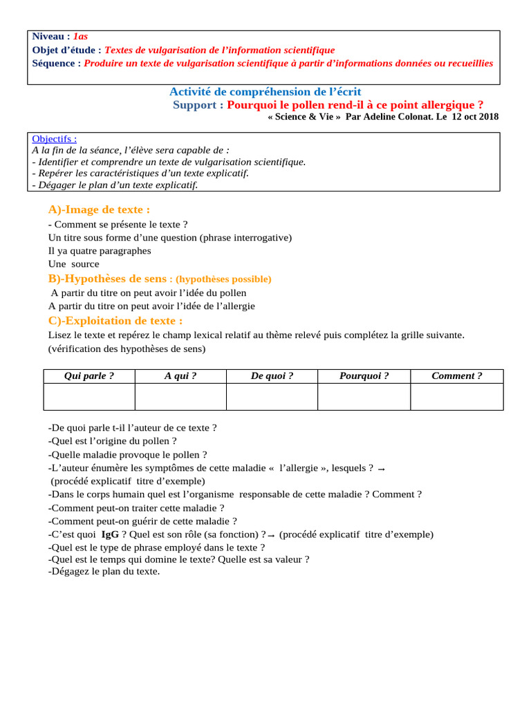 1AS 2020-2021compréhension | PDF