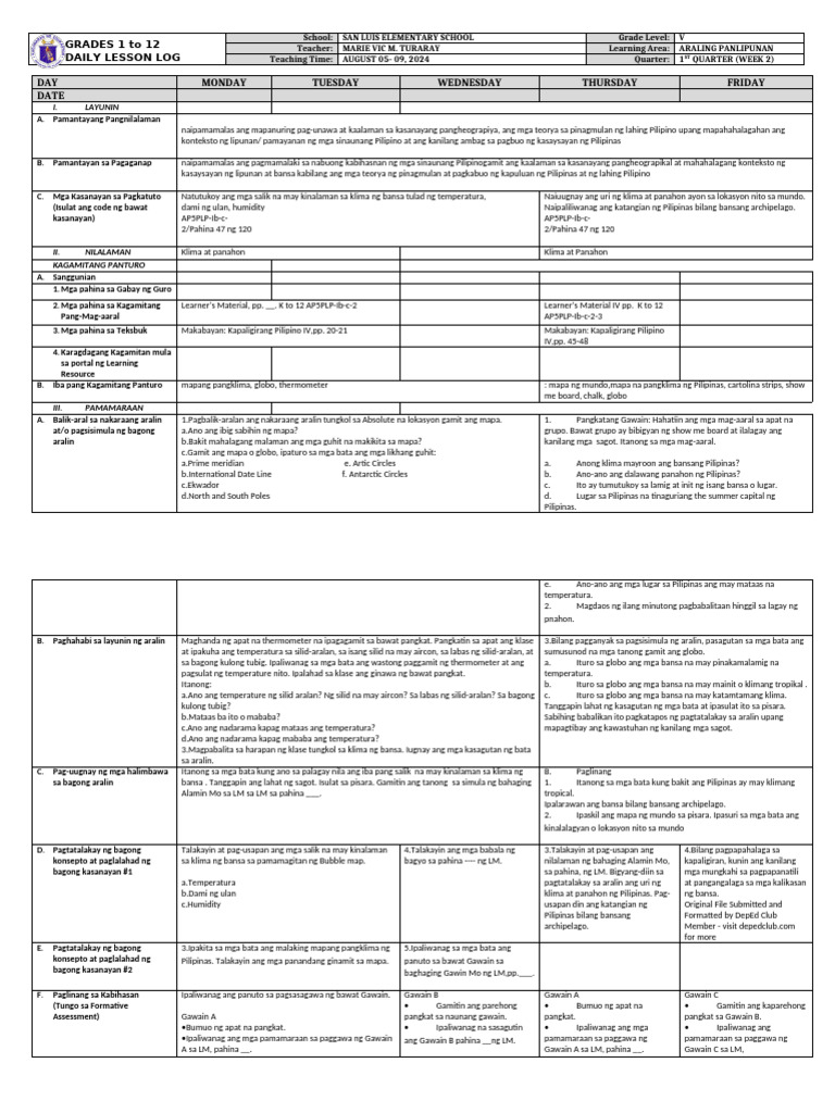 DLL - Araling Panlipunan 5 - Q1 - W2 | PDF