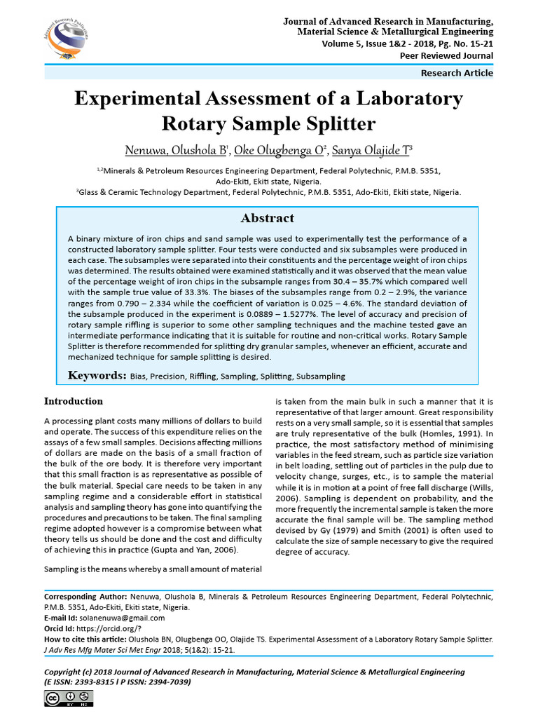 Experimental Assessment of A Laboratory Rotary Sample Splitter | PDF