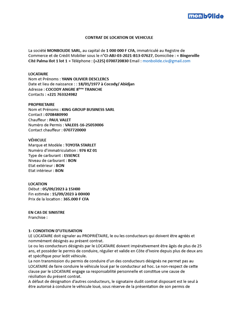Contrat de Location de Vehicule y Desclercs | PDF