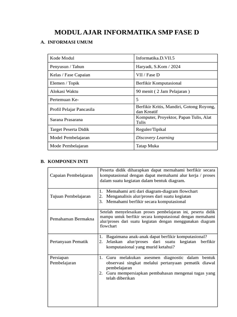 MODUL AJAR INFORMATIKA SMP FASE D Observasi PMM | PDF