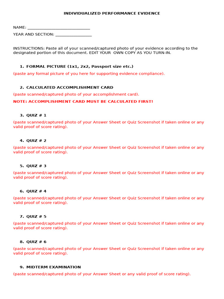 INDIVIDUALIZED PERFORMANCE EVIDENCE TEMPLATE | PDF