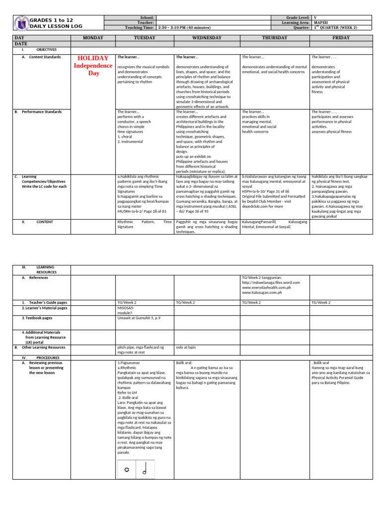 DLL - Mapeh 5 - Q1 - W2 | PDF